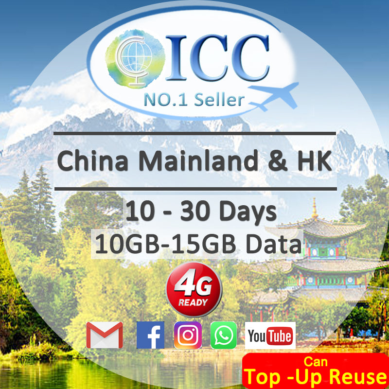 ICC SIM Card - China Mainland & HK 10-30 Days 10GB/15GB Data - China M ...