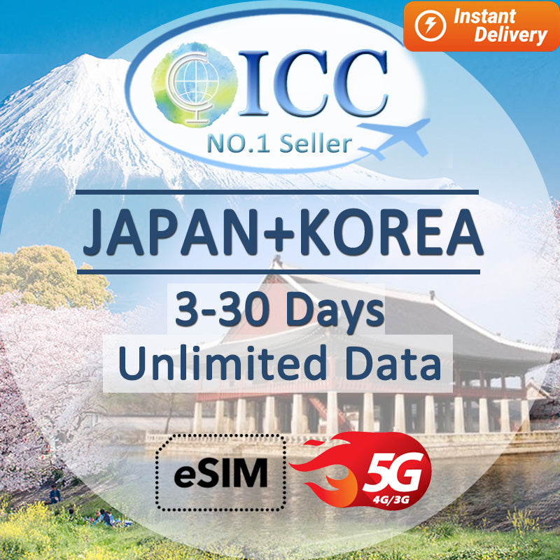 ICC eSIM - Japan & Korea 3-30 Days Unlimited Data SIM (24/7 auto deliv — International Card Center