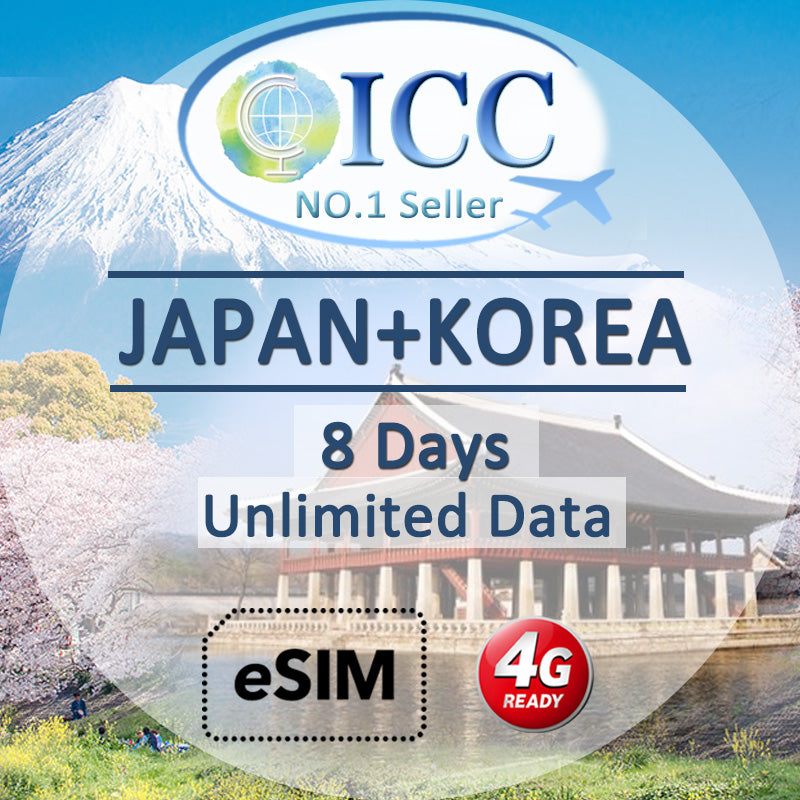 ICC eSIM - Japan & Korea 8 Days Unlimited Data SIM (24/7 auto deliver — International Card Center