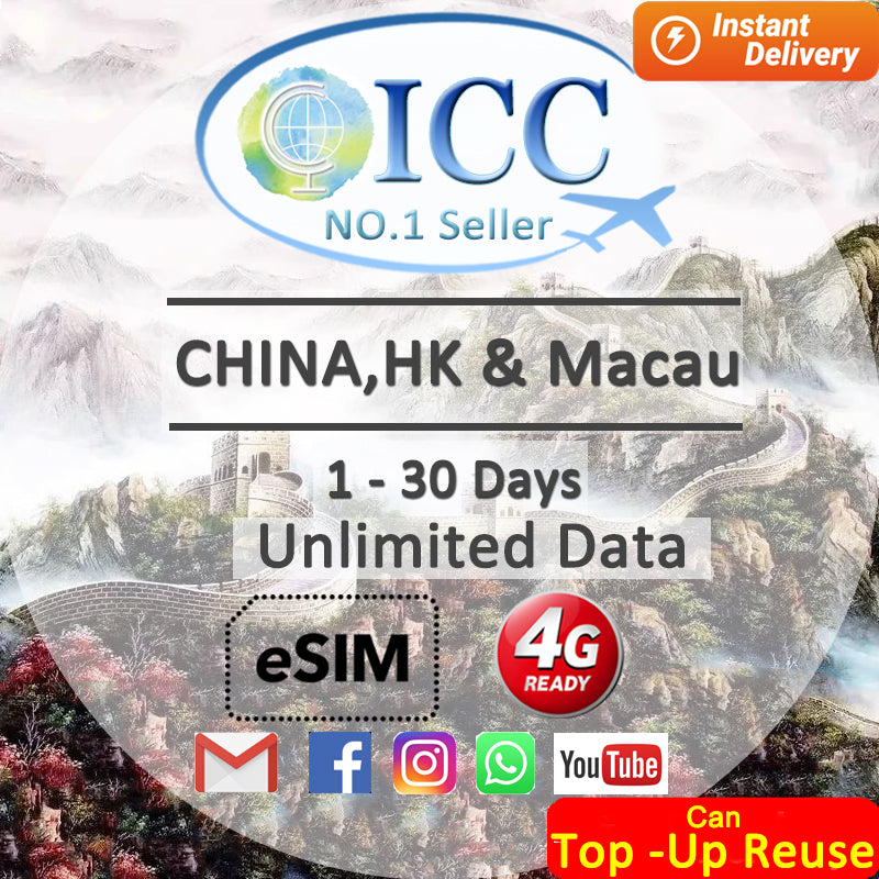 ICC eSIM - China Mainland, HK & Macau 1-30 Days Unlimited Data - China ...