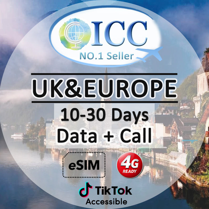 ICC eSIM - UK & Europe (EU-A) 10-30 Days Data+ Call (24/7 auto deliver — International Card Center