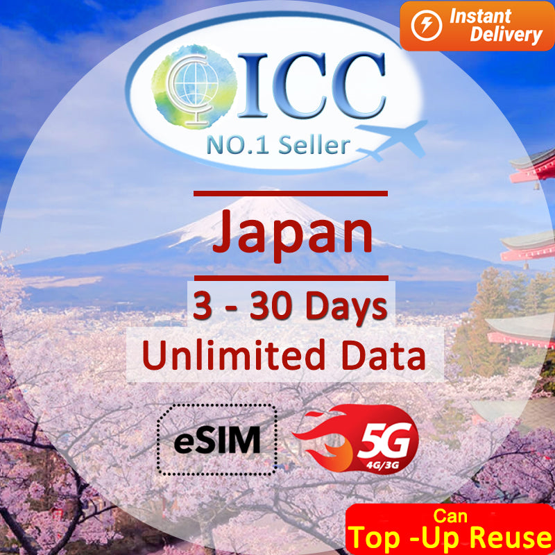 ICC eSIM - Japan 3-30 Days Unlimited Data (KDDI) Can top up and reuse — International Card Center